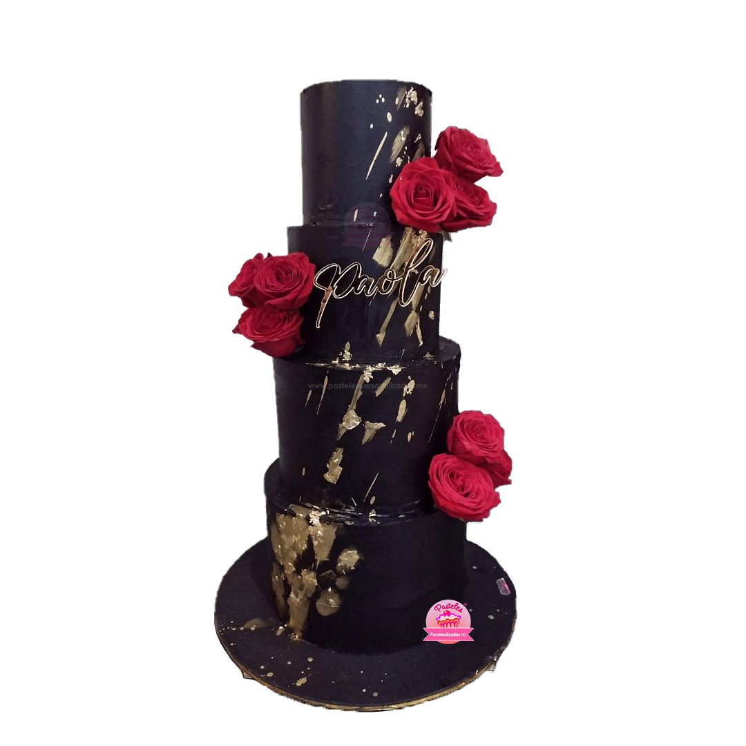 PASTEL DE PISOS NEGRO Y ROSAS ROJAS – Pasteles Personalizados MX